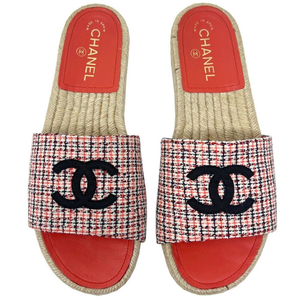 Chanel Red-Orange Tweed Cc Logo Espadrille Slide Sand… - Gem